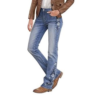 Generic Jean en denim pour femme style années 90 - Style vintage - Coupe bootcut - Pantalon brodé - Taille haute - Coupe droite - Coupe bootcut - Jean évasé -