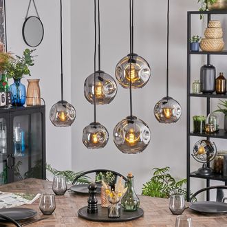 HOFSTEIN H&auml;ngeleuchte Koyoto, 6-flammige H&auml;ngelampe aus Metall/Glas in Schwarz/Rauchfarben, moderne Pendelleuchte im Retro/Vintage-Design (Schirme 15; 20 cm), 