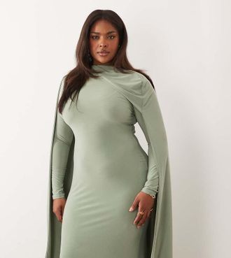 Asos Curve ASOS DESIGN Curve - Lang&auml;rmliges Maxikleid in Salbeigr&uuml;n mit auff&auml;lligem Schal-Detail