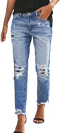 Generic Jeans coupe ajust&eacute;e pantalon en jean d&eacute;contract&eacute; skinny pour femme jean d&eacute;lav&eacute; &agrave; jambe droite boutonn&eacute;e chemise en jean pour femme, bleu marine, XL