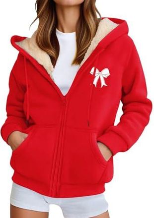 Generic Veste dhiver chaude &agrave; capuche en polaire avec fermeture &eacute;clair pour femme - Doubl&eacute;e - Doux et confortable - Avec capuche pour temps froid, Rouge, 3XL
