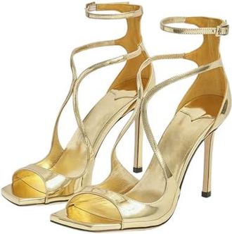 Generic YUJIEBB Sandales de gladiateur en cuir verni &agrave; bout ouvert pour femme avec sangle de cheville et bride de cheville Dor&eacute; Chaussures de f&ecirc;te d&eacute;t&eacute;, dor&eacute;,