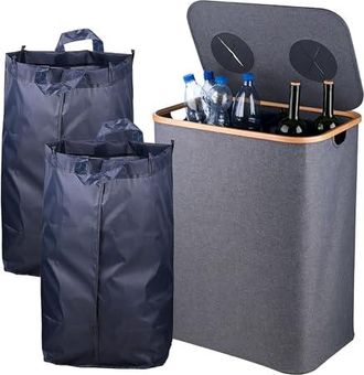 Relaxdays Pfandflaschen Sammelbehälter, 140 L, bis 60 Flaschen, 2 Innenbeutel, Flaschensammler für Glas & Plastik, grau