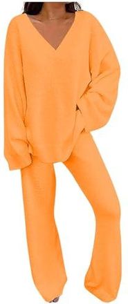 Generic Ensemble de pyjama en polaire pour femme - Vêtement de nuit dautomne et dhiver - Doux, chaud et confortable - Manches longues - Col en V - Pull - Jamb