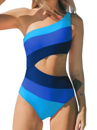 Cupshe Damen Badeanzug Eine Schulter Farbverlauf Colorblock Asymmetrische Zierausschnitte Einteilige Bademode Swimsuit Blauer Farbblock XL