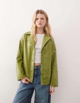 Reclaimed Vintage Blazer coupe carr&eacute;e en imitation cuir - Vert-Pas de couleur