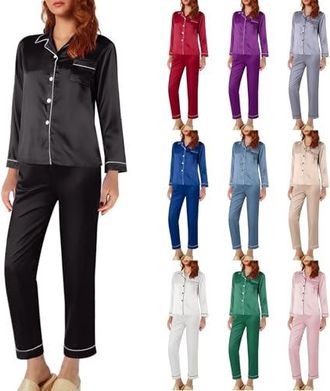 Generic Ensemble de v&ecirc;tements dint&eacute;rieur pour femme - Pyjama classique doux &agrave; manches longues Casaul - L&eacute;ger et confortable - Coupe ample - Col en V - Chemise