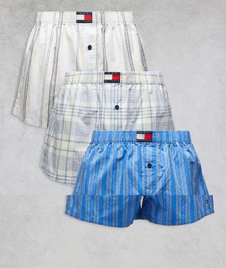 Tommy Hilfiger Heritage - Lot de 3 cale&ccedil;ons en coton - Gris &eacute;cossais/gris ray&eacute;/bleu ray&eacute;-Multicolore