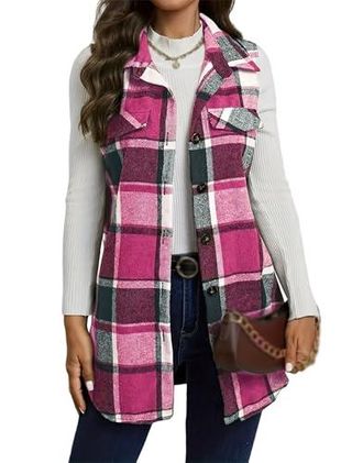 Generic Gilet &agrave; carreaux pour femme - Veste chemise boutonn&eacute;e en flanelle sans manches - Gilet imprim&eacute; &agrave; carreaux pour femme, rose, XXL