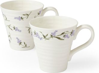 Portmeirion Sophie Conran Lavandula Kaffeebecher 2er Set Porzellan Kaffeetassen Lavendelzweig Blume Design Hei&szlig;getr&auml;nk Teetasse mit Griff Sp&uuml;lmaschinen- und mikro