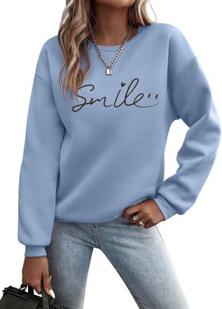 Minetom Pullover Damen Herbst Winter Sweatshirt Rundhals Langarm Pulli Frauen Oberteil Sweatshirts ohne Kapuze B Blau XXL