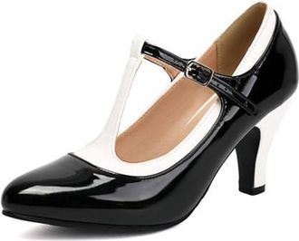 Generic Chaussures Mary Jane &agrave; bout pointu avec sangle en T pour femme avec boucle et talons mi-hauts d&eacute;contract&eacute;s, Noir, 38.5 EU