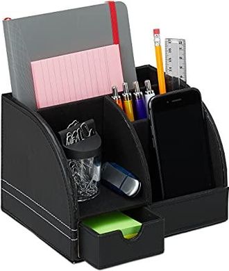 Relaxdays Schreibtischorganizer Kunstleder, Büro Organizer mit Schublade, 4 Fächer, Stiftehalter, 13x19x15 cm, schwarz