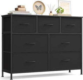 Songmics Commode 7 Tiroirs, Meuble de Rangement pour Chambre, Acier, Panneau MDF, Tissu Non-tissé, pour Couloir, Entrée, Salon, Noir dencre et Noir Boisé LGS32