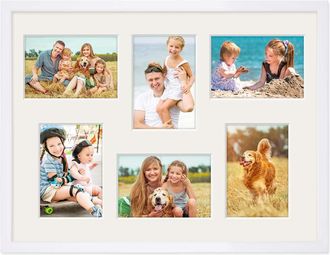 Photolini Bilderrahmen für 30x40 Weiss Holz aus MDF, Fotorahmen 30 x 40 cm mit Passepartout für 6 Bilder, bruchsicheres Acrylglas, 40 x 30 zum Aufhängen, Zubehö