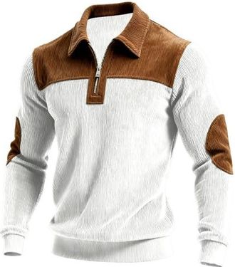 Generic Pull Homme Velours C&ocirc;tel&eacute; Grande Taille Tendance 2026 - Doubl&eacute; Polaire Thermique Patch Coude Bloc Couleur Col Montant, Sweater Chaud & Anti-Vent(White
