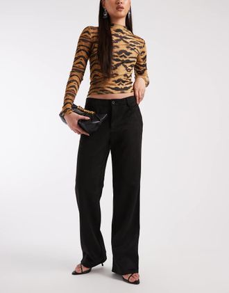 Only Pantalon droit en imitation daim &agrave; taille haute - Noir