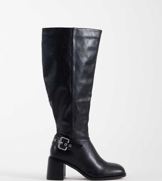 Public Desire Ruth - Kniehohe Stiefel in Schwarz mit Blockabsatz, weite Passform