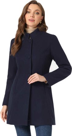 Allegra K Damen-Winter&uuml;bermantel, mittellang, Stehkragen, Einreiher, Oberbekleidung, Marineblau, L