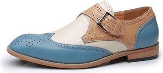 Generic Mocassins pour homme Bicolore à bout aile avec sangle moine - Mocassins habillés à bout rond perforé Oxford à enfiler, bleu, 42 2/3 EU