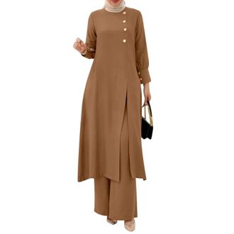 Generic OBEEII Abaya Muslim Damen Set 2 St&uuml;ck Langarm Oberteile Und Hosen Corban Ramadan Outfit Naher Osten Arabisch Islamische Kleidung Khaki 3XL