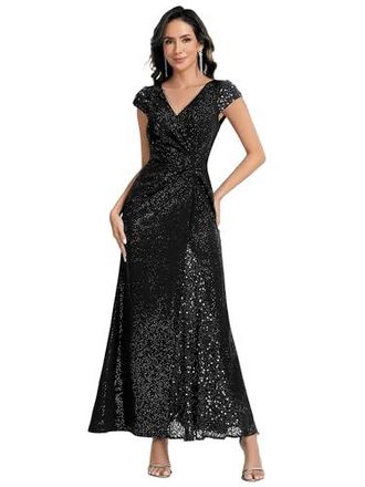Ever-pretty Robe de Soir&eacute;e Chic Encolure en V Manches Courtes Tricot Maxi Robe Fourreau Noir 44