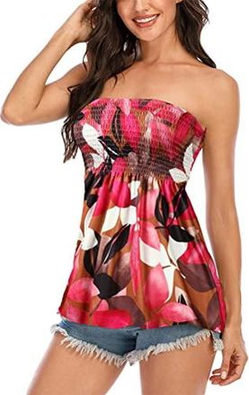 Onsoyours Femmes Bustier Bandeau Tops Sexy Été Tunique sans Manches Vest T-Shirt Floral Debardeur Ample Chemise sans Bretelle Haut Dos Nu Blouse B Style 01 XXL