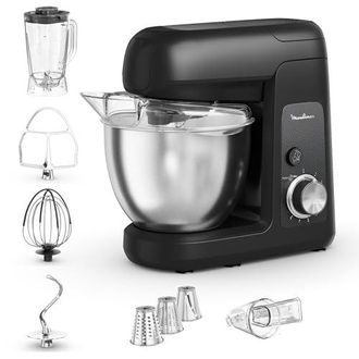 Moulinex Bake Partner, Robot pâtissier, Puissance 1100 W, Bol inox 4,6L, Batteur, Fouet, Pétrin, Blender, Découpe-légumes, Résultat homogène, Noir, QA522810