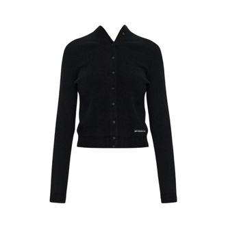 Alexander Wang Femme, Pulls, Noir, Taille: 38 FR LS Cardigan Boutonn&eacute; &agrave; Col Montant avec &Eacute;tiquette Logo Tricot&eacute;e