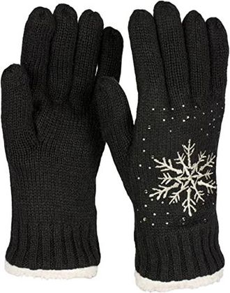 styleBREAKER Gants pour femmes avec flocon de neige brod&eacute;, strass et polaire, gants tricot&eacute;s chauds et thermiques pour lhiver 09010020, couleur:Noir