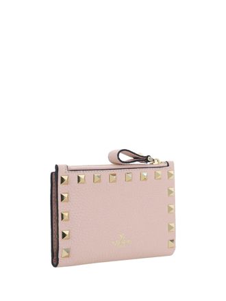 Valentino Garavani Womens Rockstud Zip Card Holder Rose Quartz Calf Leather Bos Taurus Wallet