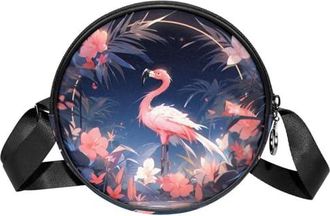 Generic Sac &agrave; bandouli&egrave;re rond pour femme, motif flamants roses, petit sac &agrave; bandouli&egrave;re avec fermeture &eacute;clair, bretelles r&eacute;glables, sac &agrave; main rond d&eacute;contrac