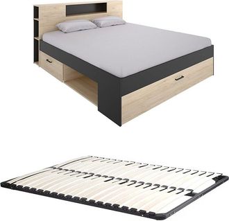 Vente-Unique Bett mit Kopfteil, Stauraum & Schubladen + Lattenrost - 140 x 190 cm - Naturfarben & Anthrazit - Leandre