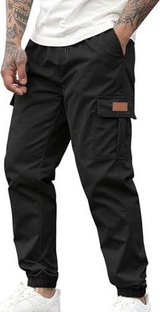 Generic Pantalon cargo pour homme avec taille &eacute;lastique, pantalon de travail &agrave; revers coupe r&eacute;guli&egrave;re avec poches, pantalon de jogging de couleur unie respira