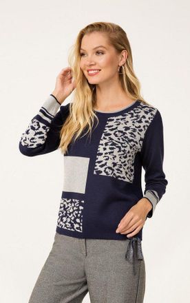 Passioni Strickpullover mit Animal-Print und einfarbigem Farbblock