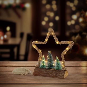 ECD Germany LED Jute Stern mit LED-Beleuchtung 33x9,5x30 cm, Deko Weihnachtsstern aus Seil mit 30 warmweißen LEDs, 3 Tannen, Jutesäckchen, Batterien, Timer, Weihn