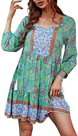 Generic Robes boh&egrave;me 2026 pour femmes, col en V, boutons &agrave; lacets, style boh&egrave;me, d&eacute;contract&eacute;, robe courte, Vert, M