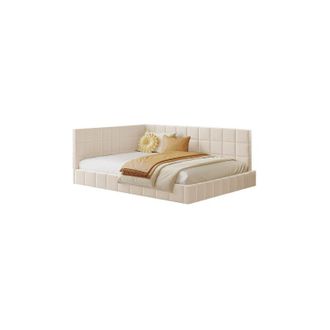 Liberte Lit double rembourré avec grand dossier 140200 avec sommier à lattes en velours doux, beige