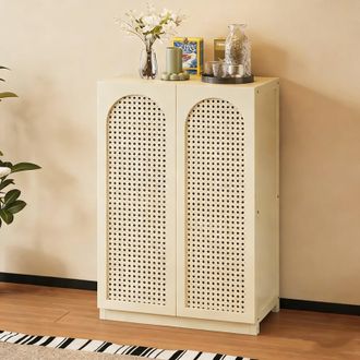 Generic Vintage-Sideboard aus Rattan mit gew&ouml;lbten Schrankt&uuml;ren Offene Regalb&ouml;den + geschlossene Stauf&auml;cher Teeschrank for zu Hause und Aufbewahrungsm&ouml;bel for