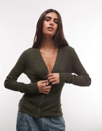 Weekday Merino-Strickjacke mit V-Ausschnitt in dunkelgr&uuml;n meliert