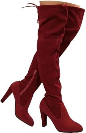 Onsoyours Botte Cuissarde Femme À Talon Bloc Bottes Hautes Lacet Botte Longue Daim Automne Hiver Boots Femme Sexy Cuissardes A Vin Rouge 40 EU