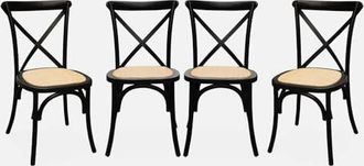 Sweeek Lot de 4 chaises de bistrot en Bois dh&eacute;v&eacute;a Noir. Vintage. Assise en rotin. empilables