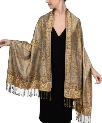 achillea Pashmina-Schal mit Fransen, weich, seidig, wendbar, Paisleymuster, Grau/Gold, 28 W x 76 L