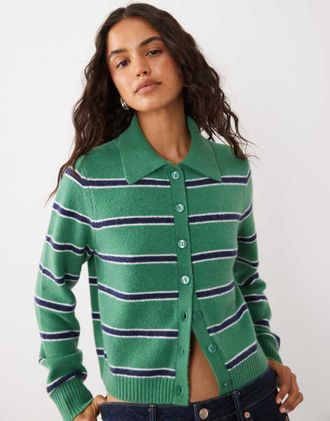 Abercrombie & Fitch gilet court en maille &agrave; col ray&eacute; vert et blanc-Multi