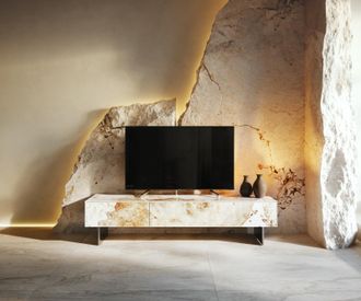 DELIFE Lowboard Cuor 150 cm Keramik Minas Melange Wei&szlig;-Beige 1 Klappe 1 Schubfach Fu&szlig; Schwebeoptik Edelstahl, Lowboards