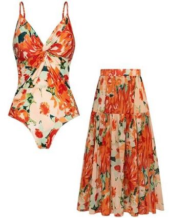 Grace Karin Maillot de bain une pi&egrave;ce pour femme - Col en V - Monokini &eacute;l&eacute;gant - Imprim&eacute; floral - Jupe de bain une pi&egrave;ce avec jupe cache-maillot de bain 2 pi&egrave;ces 