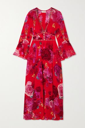 Camilla Maxikleid Aus Cr&ecirc;pe De Chine Aus Seide Mit Blumenprint Und Verzierungen - Rot