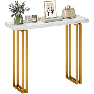 HOMCOM Table console - HOMCOM - avec plateau imitation marbre, structure en acier - style moderne et fin - 100 x 30 x 78,5 cm - blanc et or