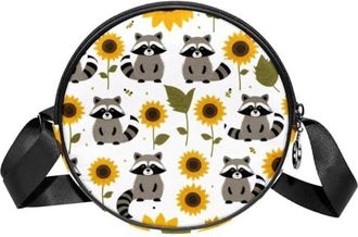 Generic Petit sac &agrave; bandouli&egrave;re rond pour femme, motif tournesols et raton laveur avec fermeture &eacute;clair et bretelles r&eacute;glables