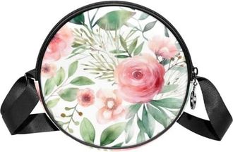 Generic Petit sac &agrave; bandouli&egrave;re circulaire pour femme, motif feuilles florales, sac &agrave; dos avec fermeture &eacute;clair, bretelles r&eacute;glables, sac &agrave; main rond d&eacute;contra